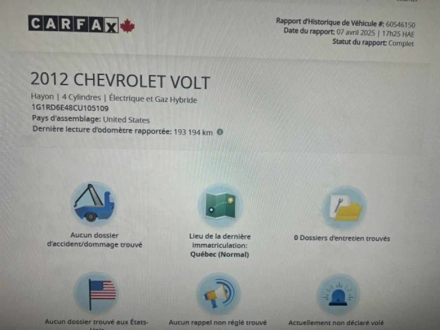 2012 Chevrolet Volt | $ 6,295 | 193,194 km | Gas/Electric Hybrid Sedan ...