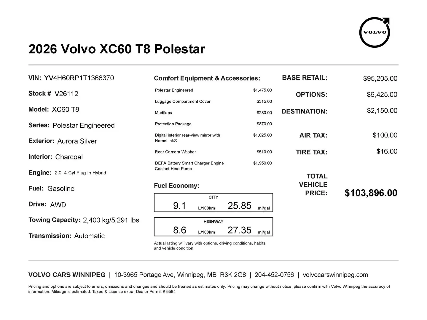 2026 Volvo XC60 | $ 104,536 | 17 km | Gas/Electric Hybrid SUV for sale ...